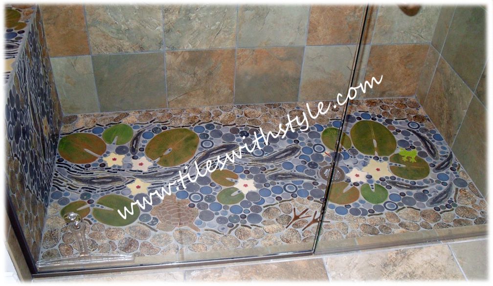 Trout waterfall/stream mosaic tile shower by Tiles with Style featured ...